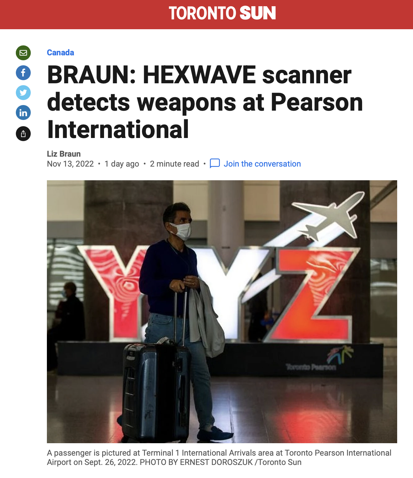 BRAUN: HEXWAVE scanner detects weapons at Pearson International ...